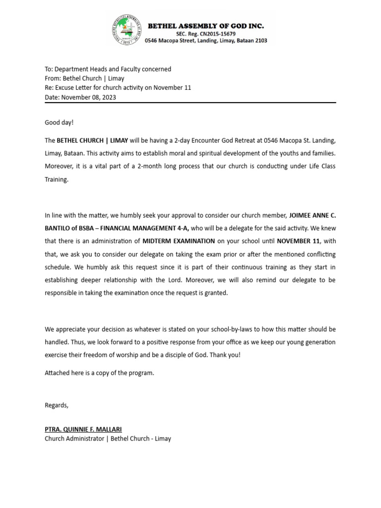 Excuse Letter For Encounter | PDF