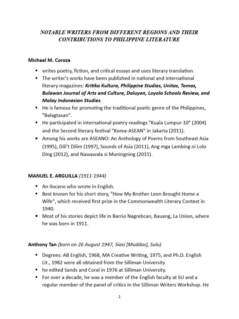 Notable Writers From Different Regions and Their Contributions To ...