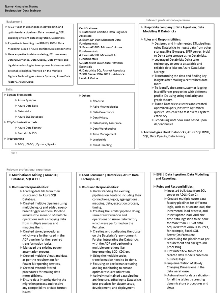 DE - Himanshu - CT | PDF | Databases | Data Warehouse