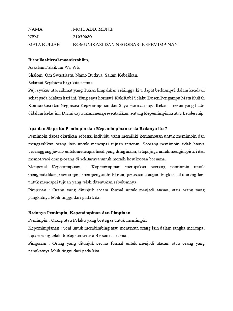 Teks Pidato Leadership - Moh. Abd. Munip - 21030080 - Uas-1 | PDF | Karier & Perkembangan ...