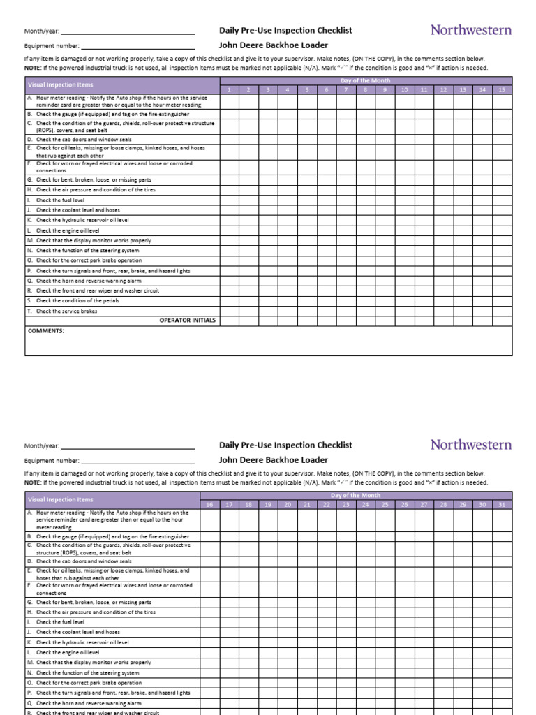 Daily Pre Use Inspection Checklist For John Deere Backhoe Loader | PDF ...