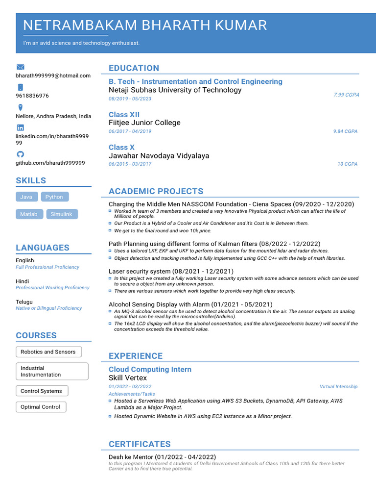 Netrambakam Bharath Kumar's Resume | PDF | Lidar | Amazon Web Services