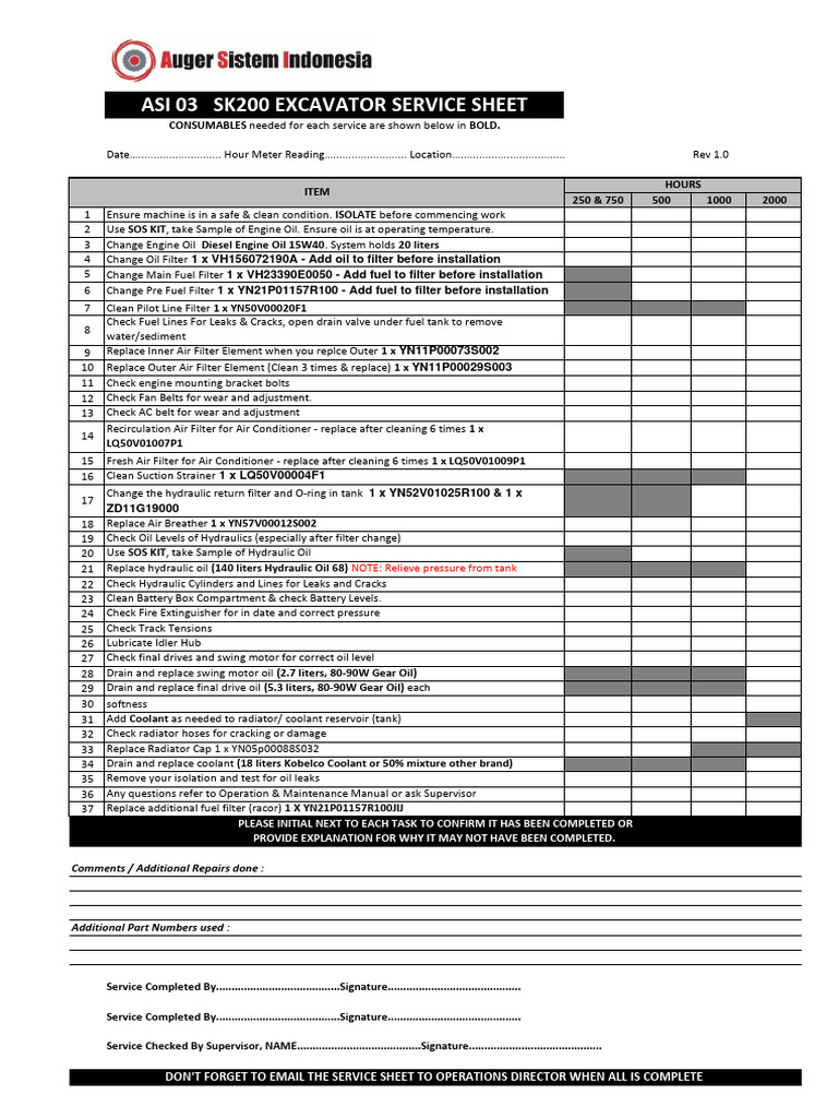 231106_ASI 03_Excavator SK200_Service Sheet R.1 | PDF | Motor Oil ...