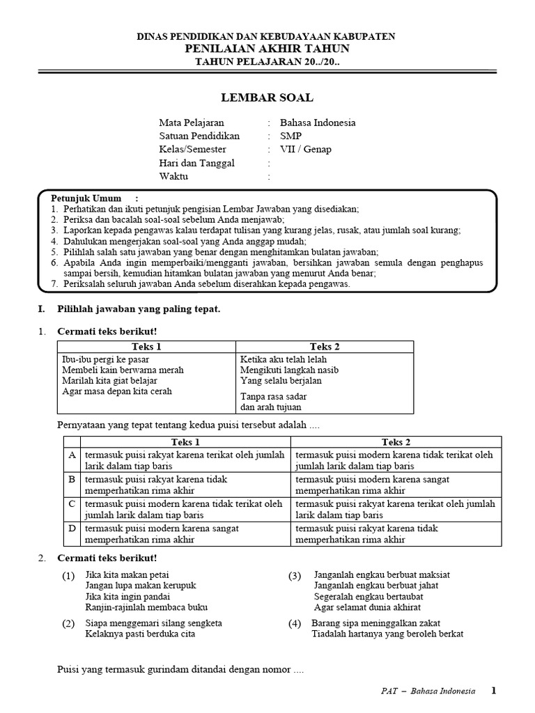 Soal Kelas VII - B. Indo2 | PDF | Seni & Disiplin Bahasa