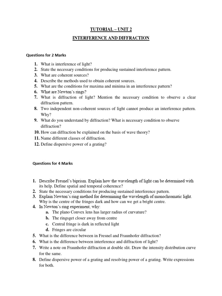 Unit 2 Interference Diffraction Tut | PDF | Diffraction | Wavelength