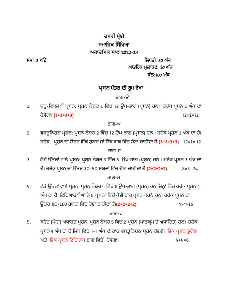 Pseb Question Paper Scheme | PDF