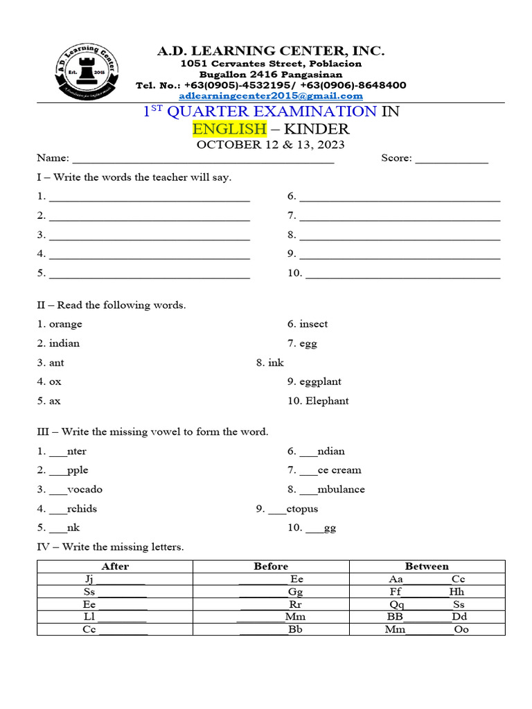 Kinder 1st Quarter Exam Papers | PDF | Taste | Cognitive Science