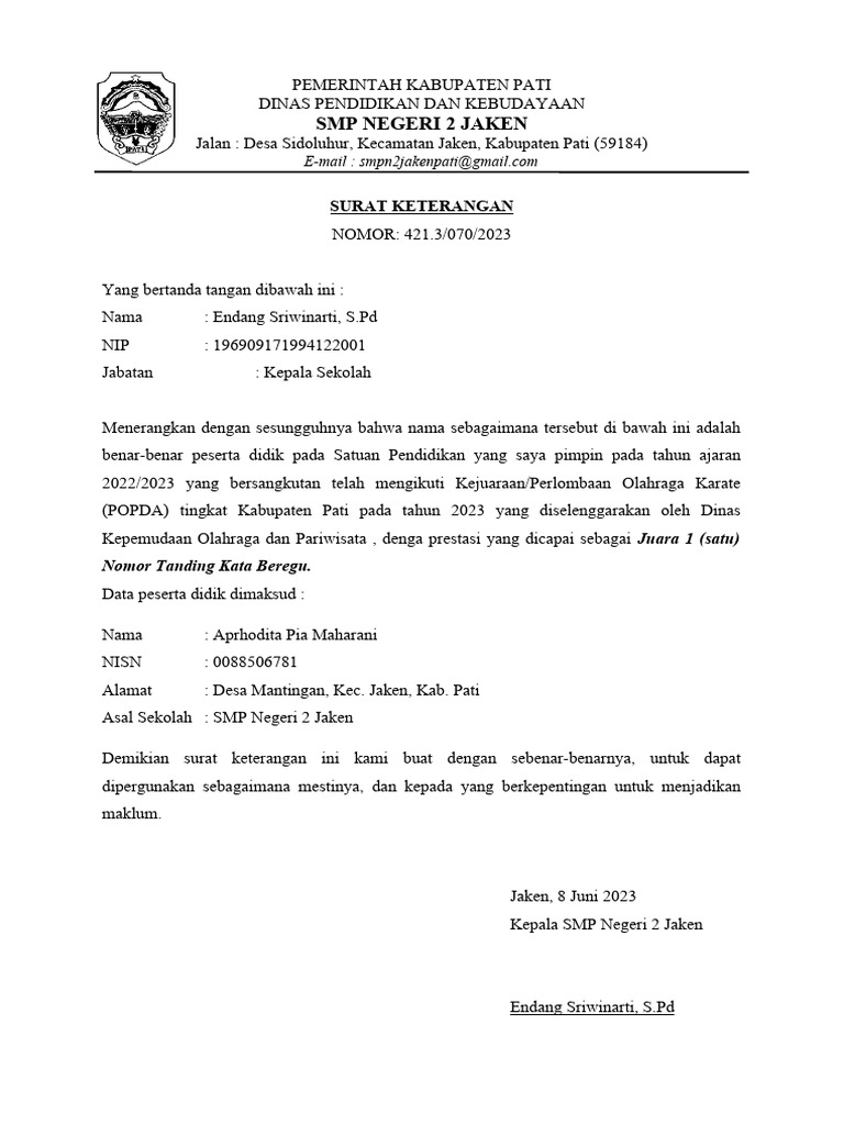 Surat Keterangan Juara Lomba | PDF