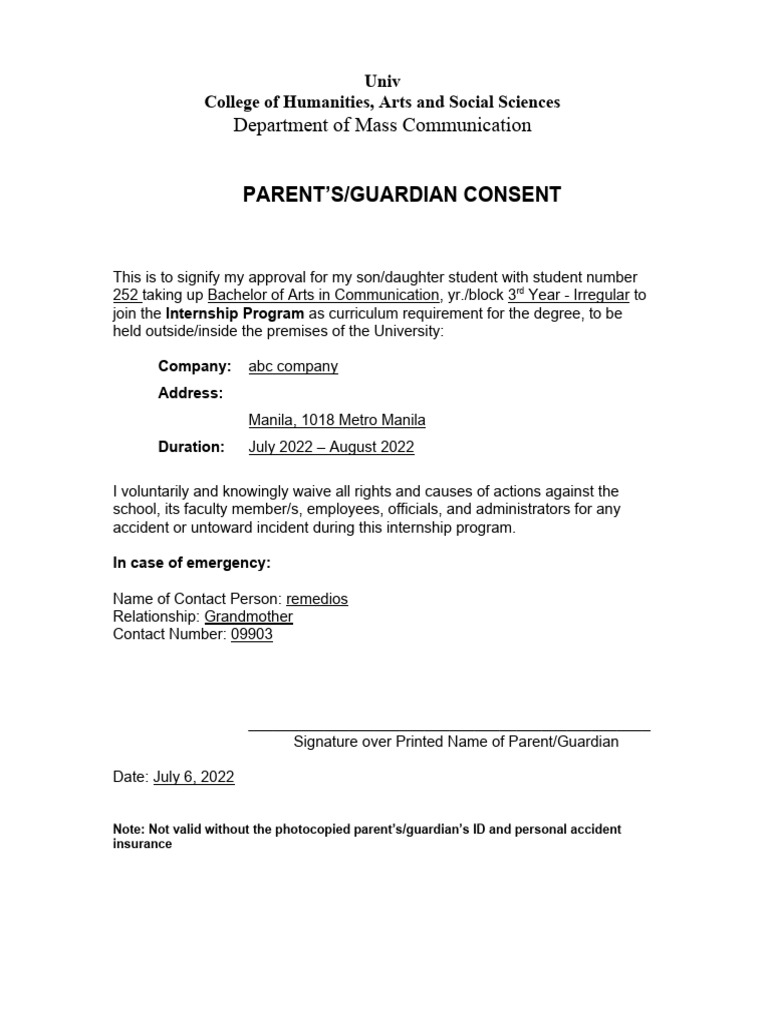 Parents Waiver Form Sample | PDF