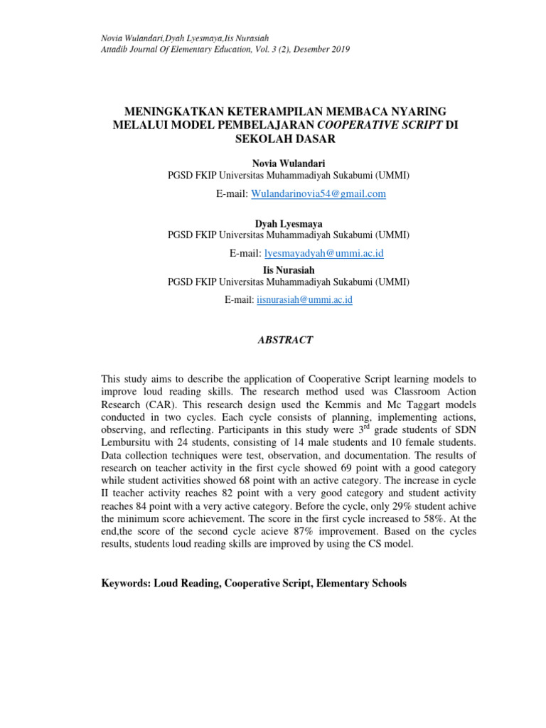 Meningkatkan Keterampilan Membaca Nyaring Melalui Model Pembelajaran Cooperative Script Di ...