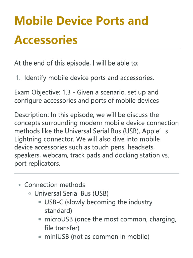 Comptia Aplus2201101 1 3 1 Mobile Device Ports and Accessories | PDF