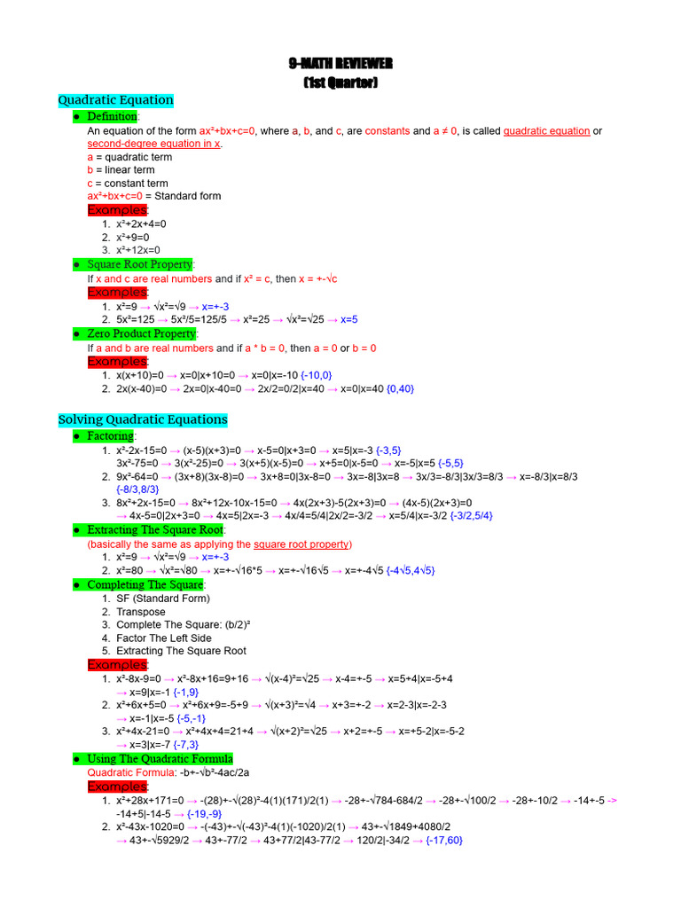 Math Reviewer 1ST Quarter | PDF | Function (Mathematics) | Quadratic Equation