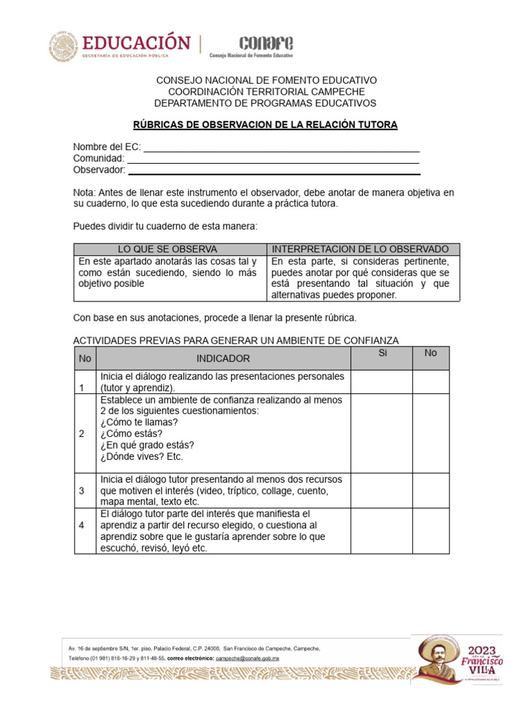 Rubricas de Observación de La Relacion Tutora (2) | PDF | Cognición