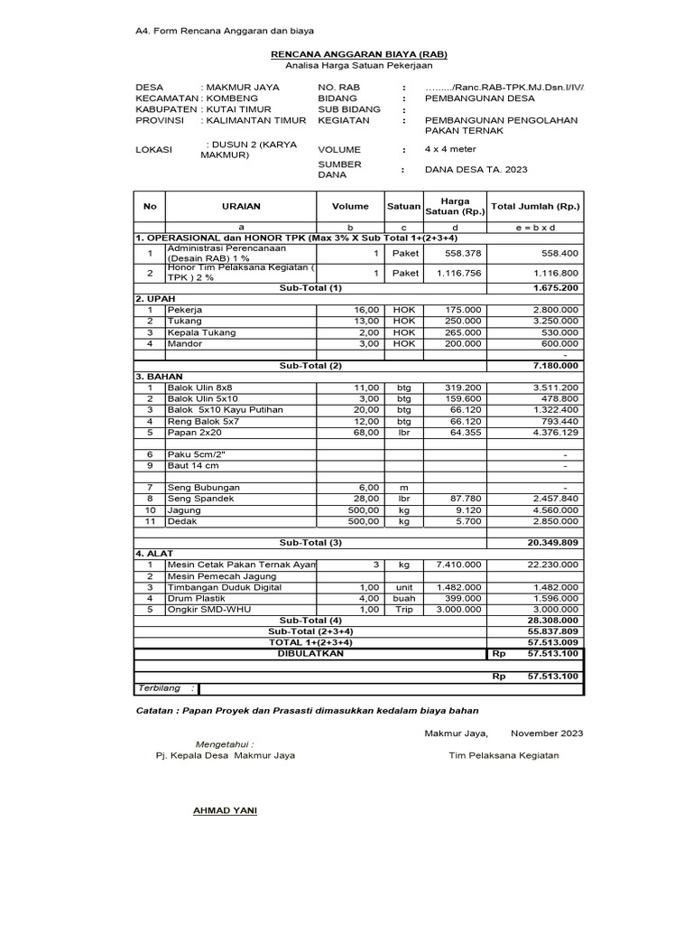 24.1. RAB - DD - Pengolahan Pakan Ternak - Dusun 2 | PDF
