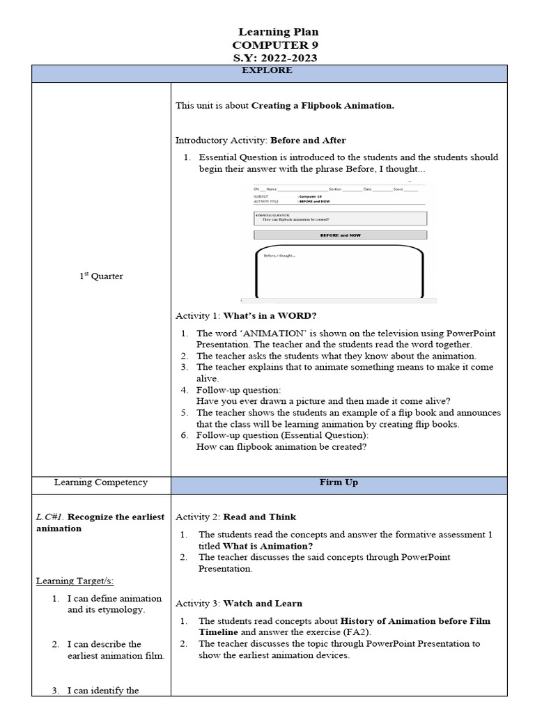 Flipbook Animation Learning Plan | PDF | Learning | Cognition