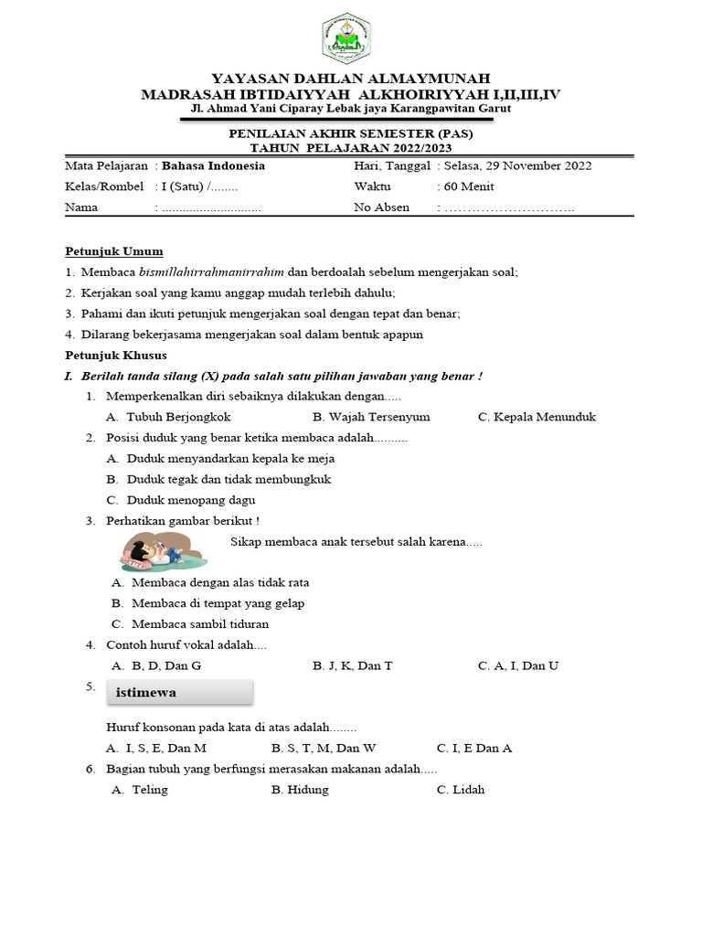 Soal PAS Bahasa Indonesia Kelas 1 | PDF