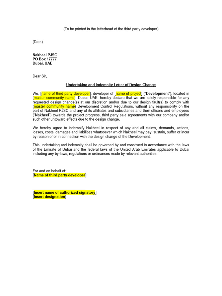 Undertaking and Indemnity Letter of Design Change (1st Draft 13 03 11 ...