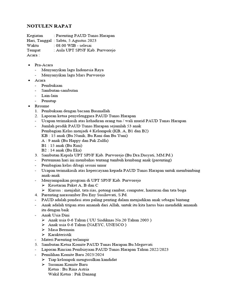 Notulen Rapat Paud | PDF