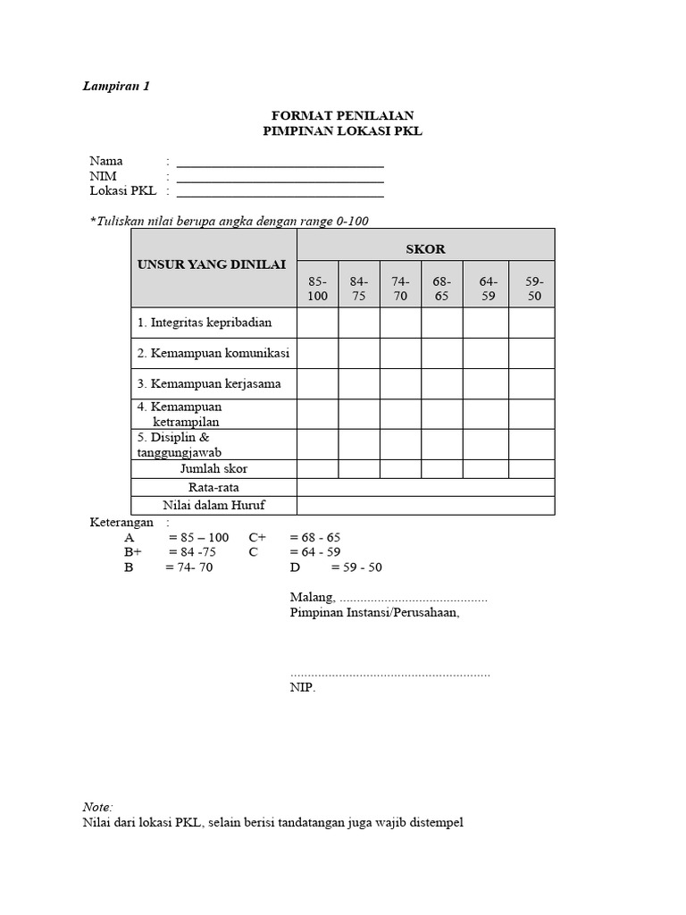 Format Penilaian PKL SMK Kurikulum Merdeka | PDF