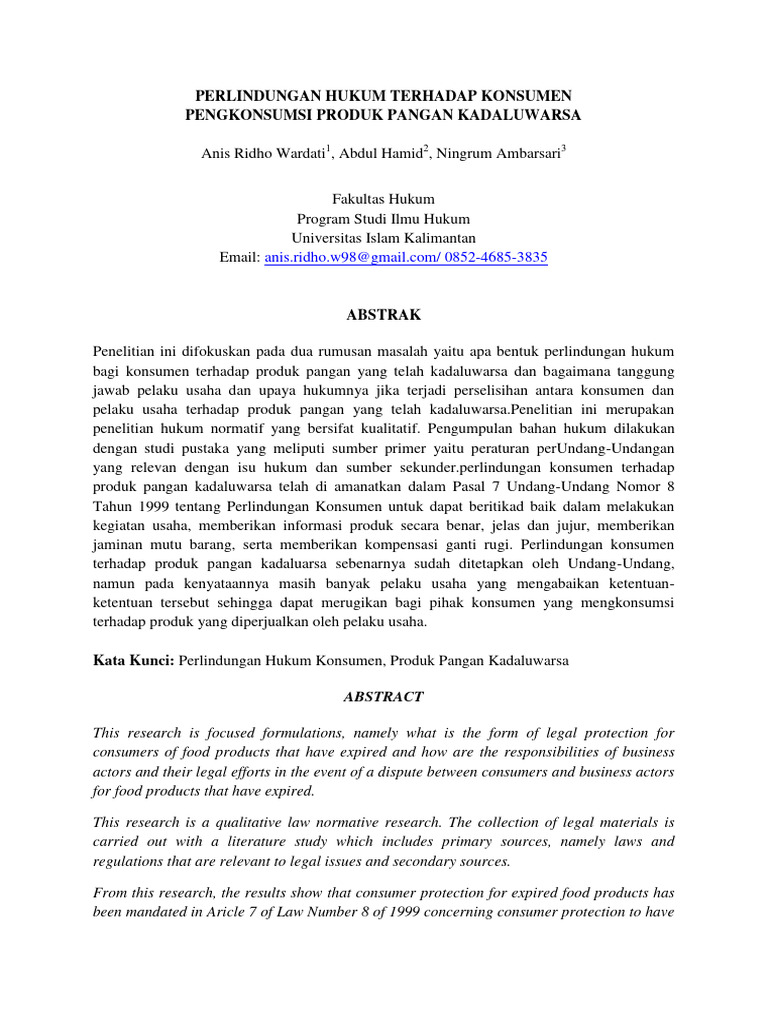 Perlindungan Hukum Terhadap Konsumen Pengkonsumsi Produk Pangan Kadaluwarsa | PDF