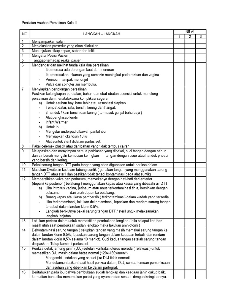 Ceklist Penilaian Asuhan Persalinan Kala II | PDF