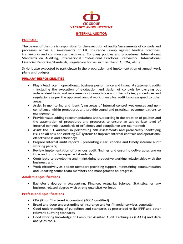 Vacancy Announcement - Internal Auditor | PDF | Internal Audit ...