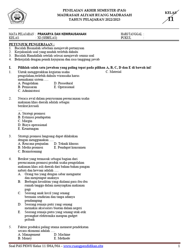 Soal Pas Pkwu Kelas 11 | PDF