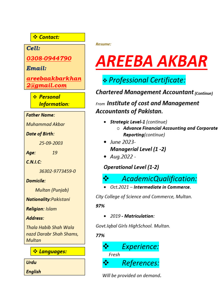 Areeba Akbar's CMA Resume | PDF