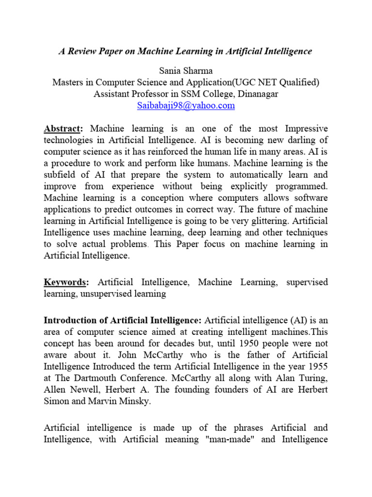 A Review Paper On Machine Learning in Artifical Intelligence | Download ...