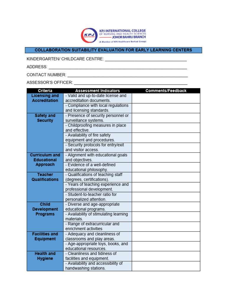Assessment Form - Collaboration Suitability Evaluation For Early ...