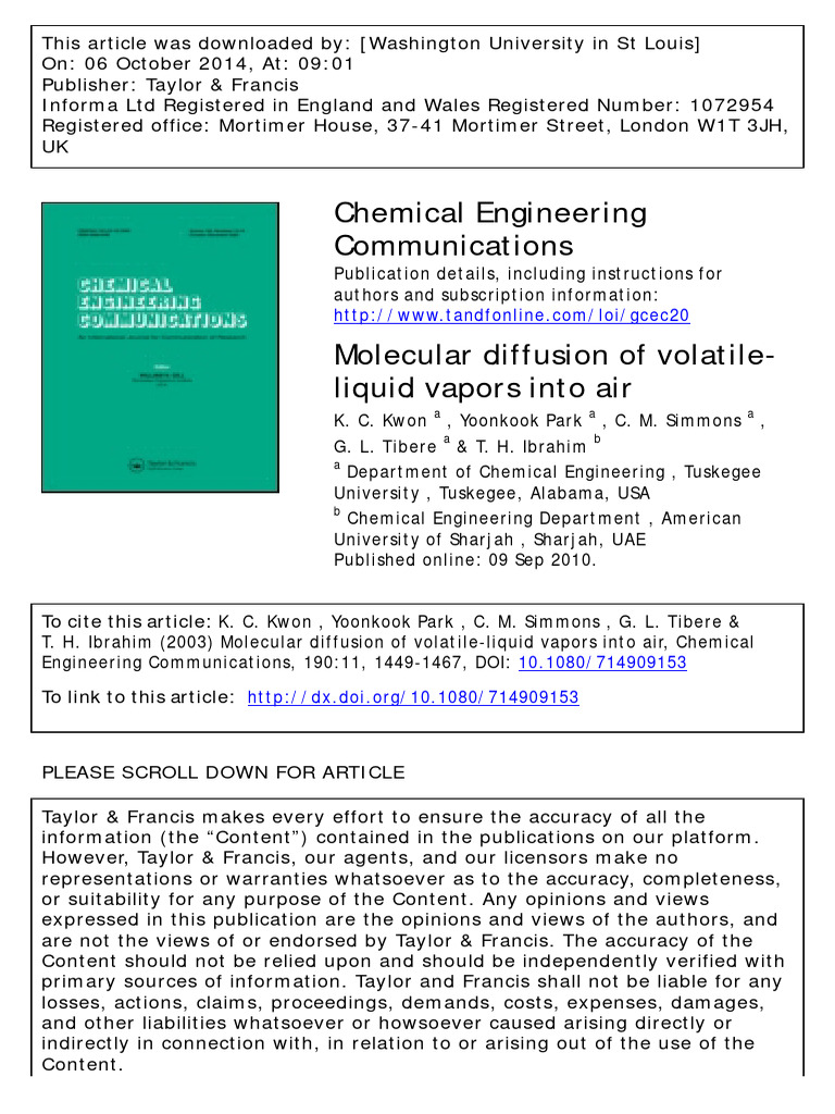 Molecular Diffusion of Volatile Liquid Vapors Into Air | PDF | Evaporation | Diffusion