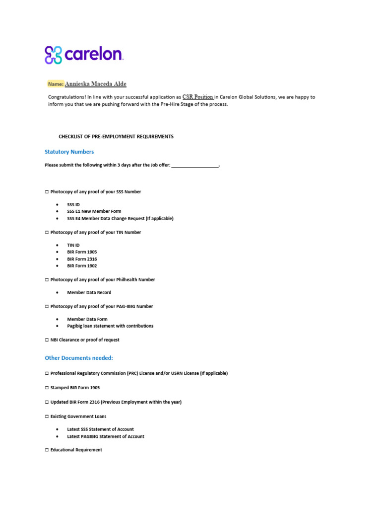 ALDE ANNIESKA Pre Employment Forms - Carelon | PDF | Background Check ...