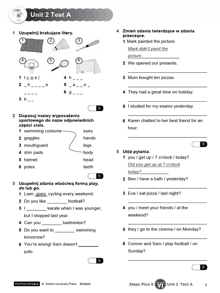Steps Plus 6 Unit 2 Test A | PDF | Sports