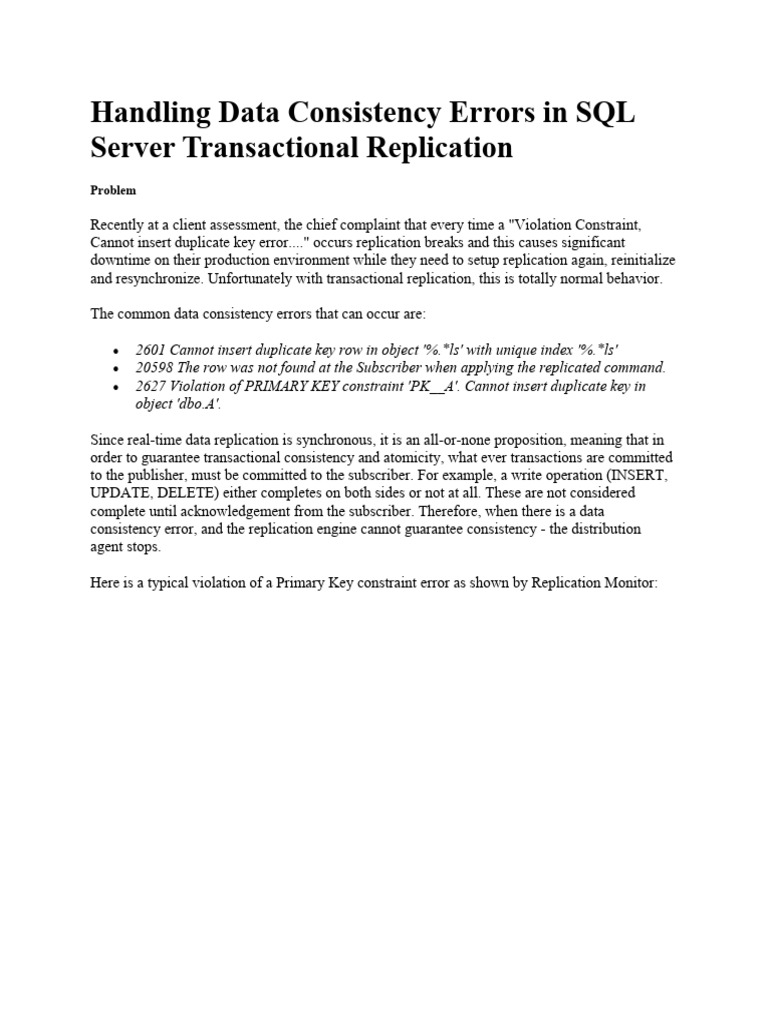 SQL Replication Error Handling Guide | PDF | Replication (Computing) | Table (Database)