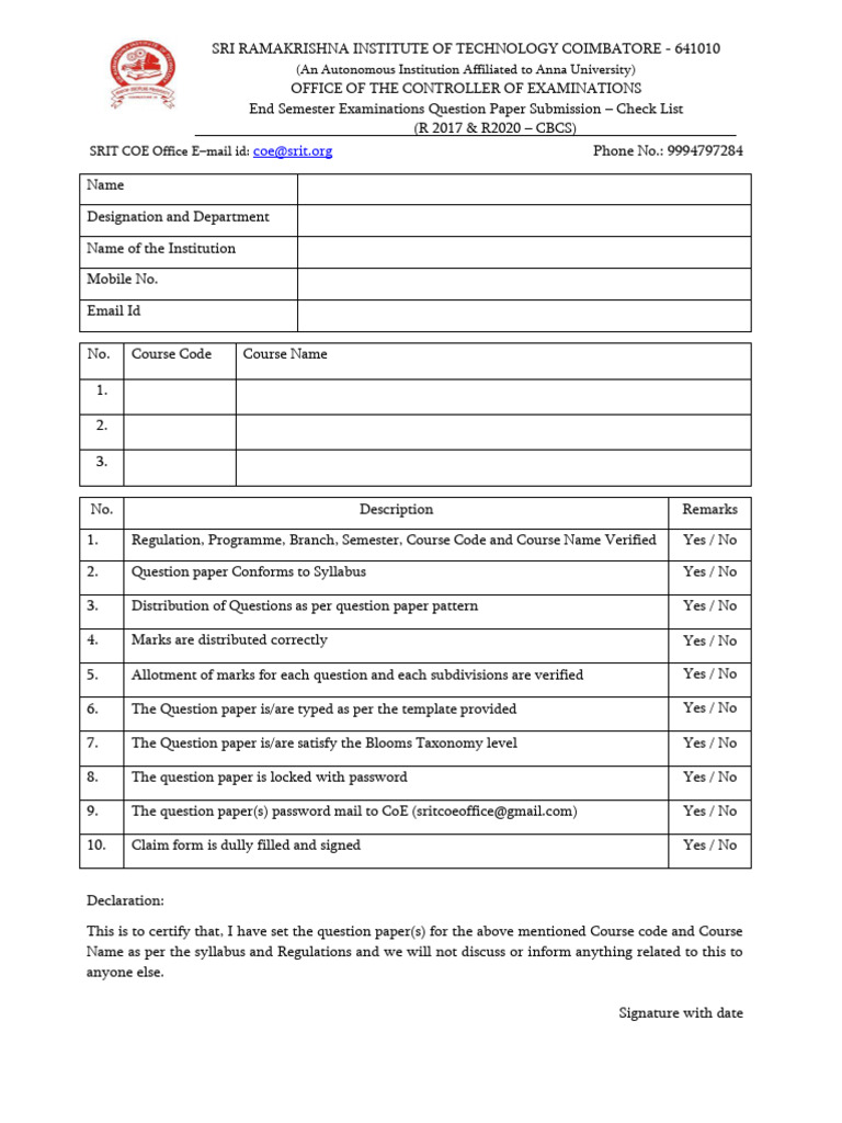 Check List For QP Setting | PDF