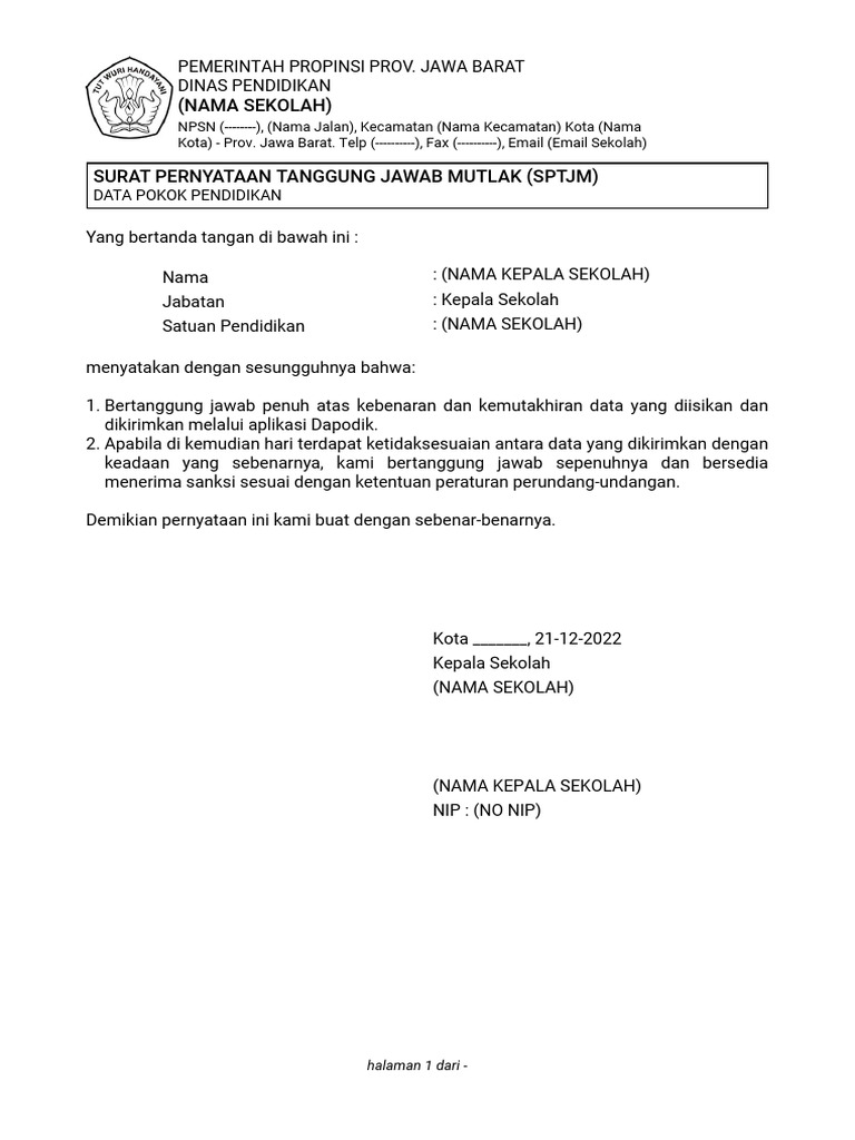 Contoh Template SPTJM Dapodik | PDF