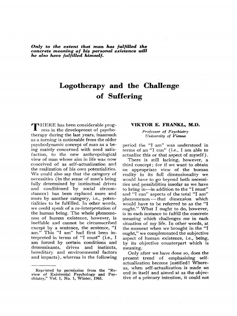 Logotherapy and The Challenge of Suffering | PDF | Psychotherapy | Self Actualization