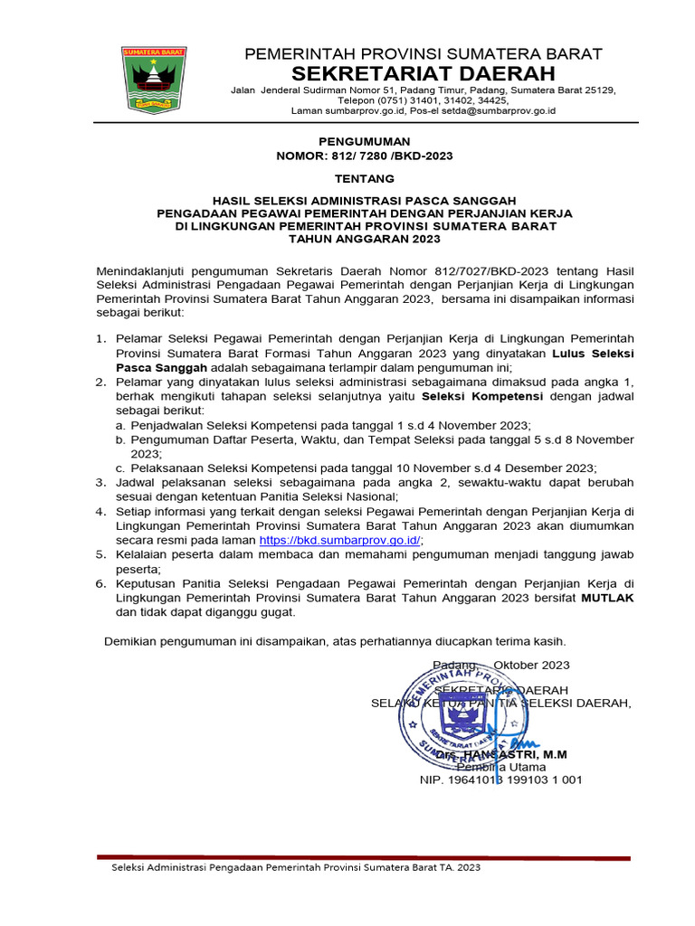 Pengumuman Seleksi Administrasi Pasca Sanggah PPPK Pemprov Sumbar Tahun 2023 | PDF