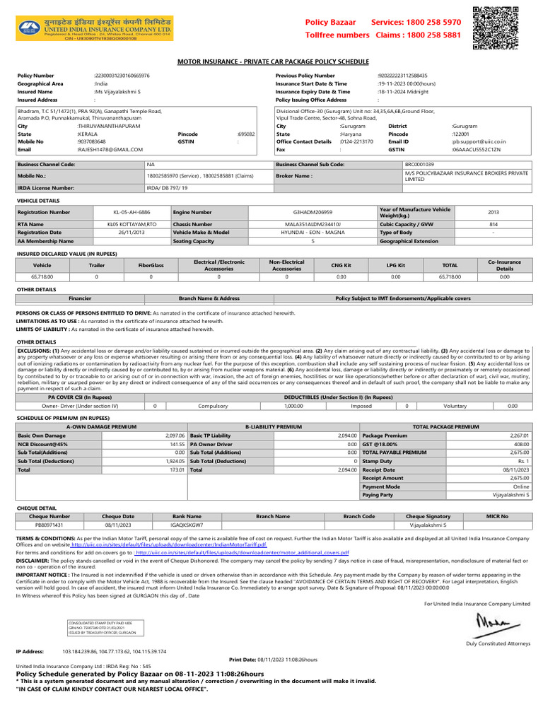 Policy - Copy Vehicle Insurance | PDF | Cheque | Insurance