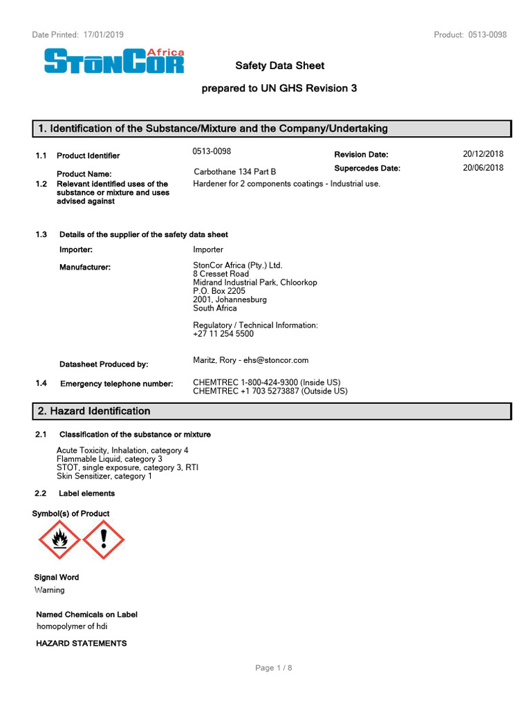 Carbothane 134 Part B Safety Data Sheet | PDF | Physical Sciences ...