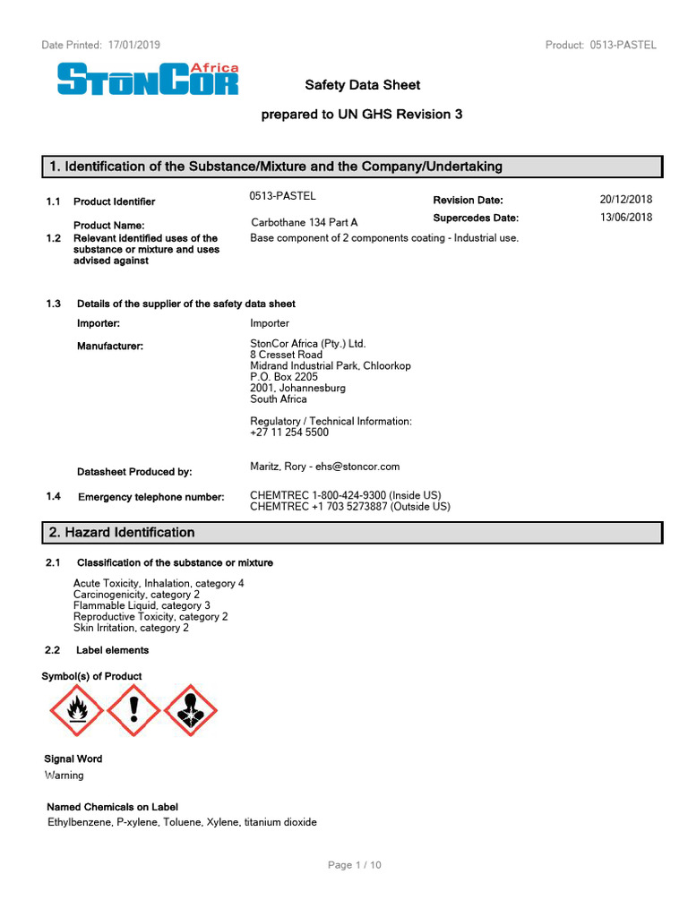 MSDS - Carbothane 134 Part A | PDF | Dangerous Goods | Toxicity
