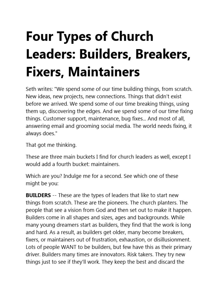 Four Types of Church Leaders Explained | PDF | Career & Growth | Lifestyle