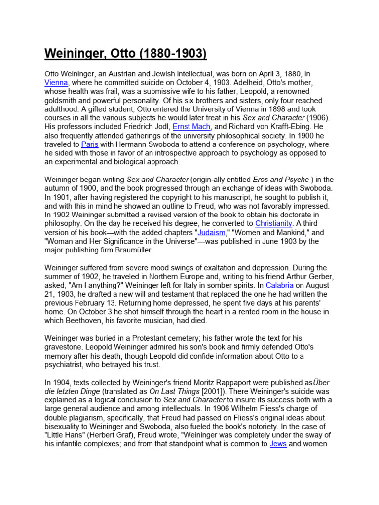 Otto Weininger Bio 1880-1903 | PDF | Psychology