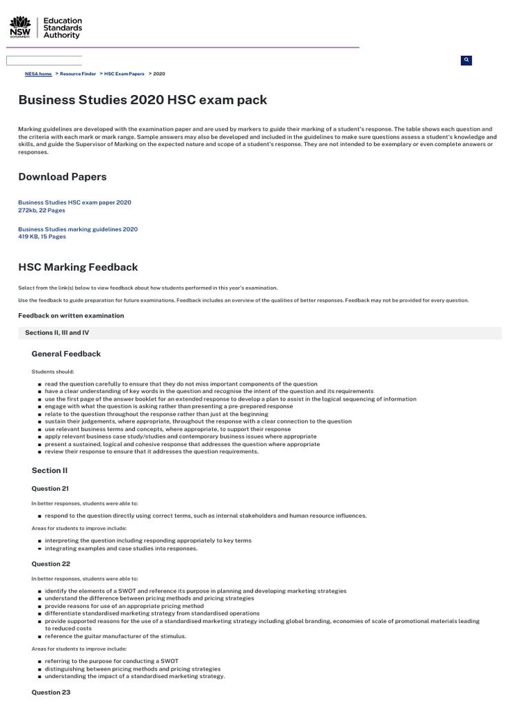 2020 HSC Business Studies Exam Pack | PDF | Marketing Strategy | Marketing