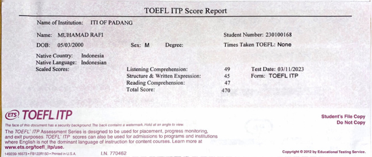 Score Report Toefl ITP | PDF