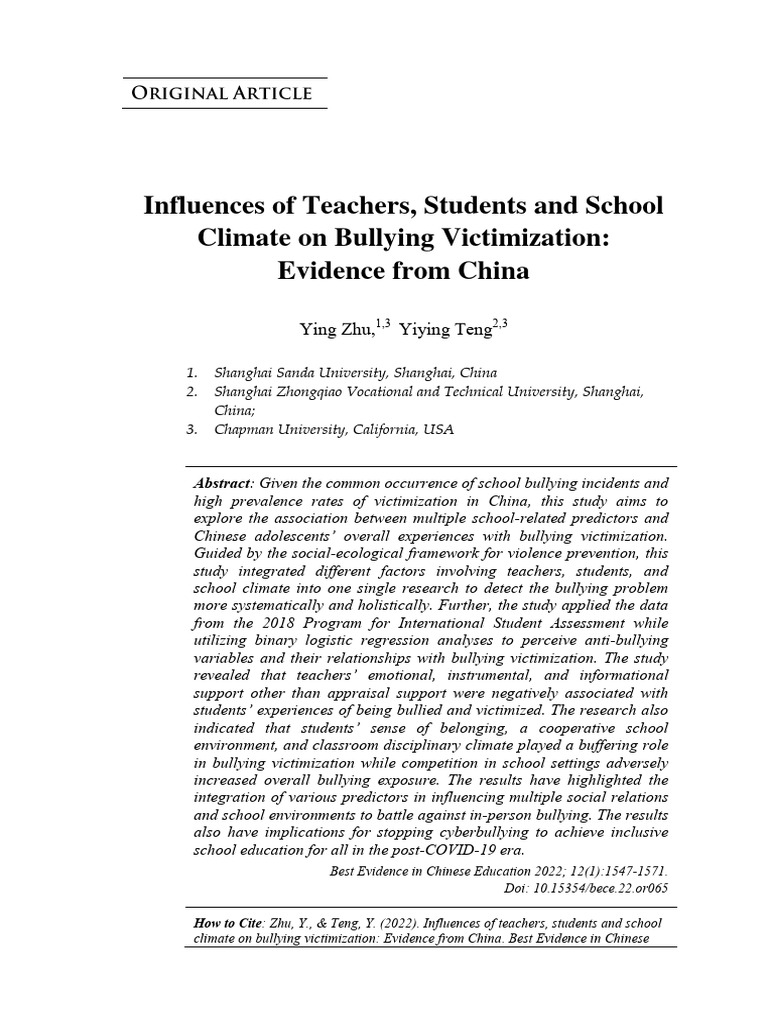 School Bullying in China: Influences Explored | PDF | Bullying ...