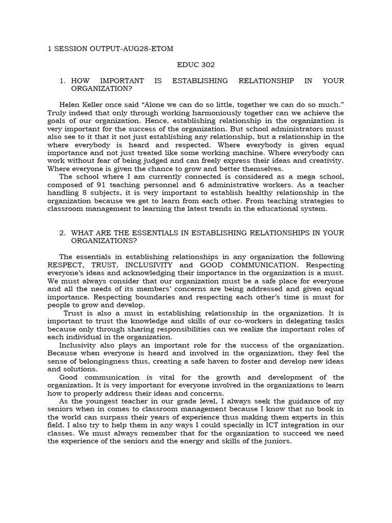 1 SESSION OUTPUT Aug28 ETOM | PDF | Classroom Management | Teachers