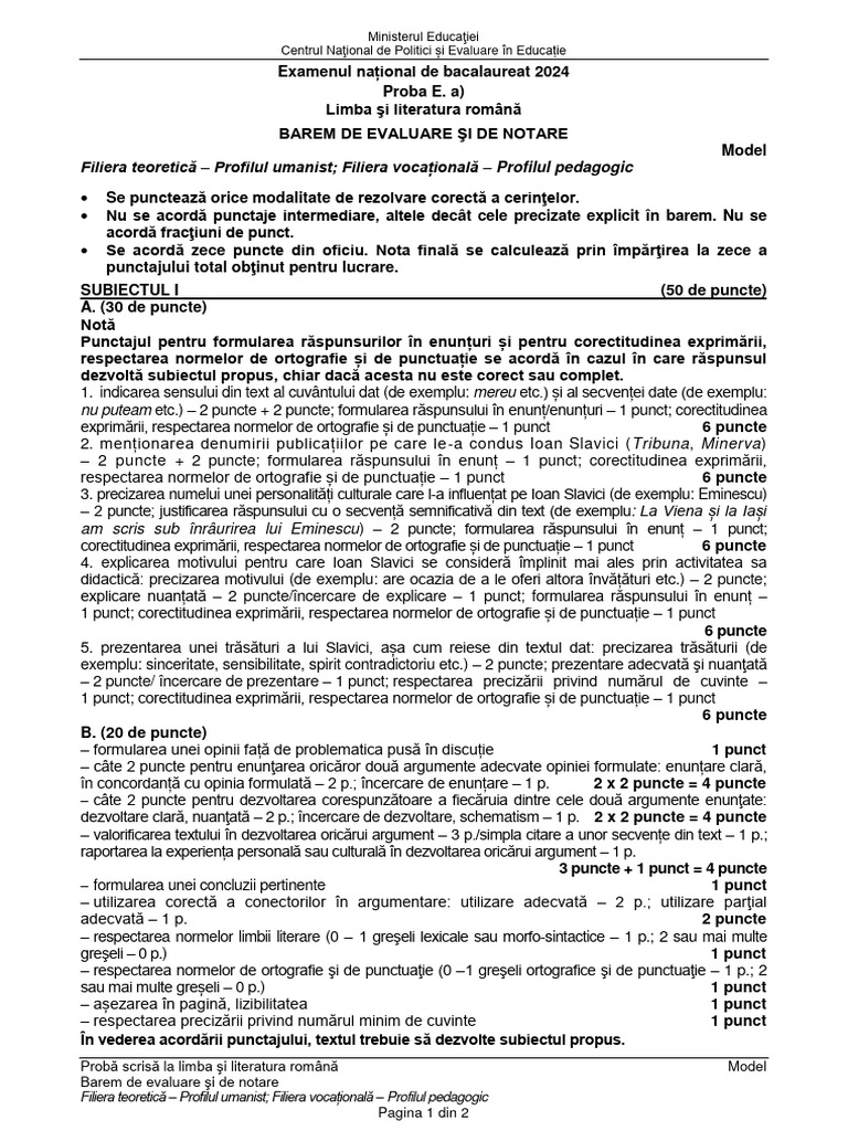 Model Barem BAC 2024 Romana Uman Ped | PDF