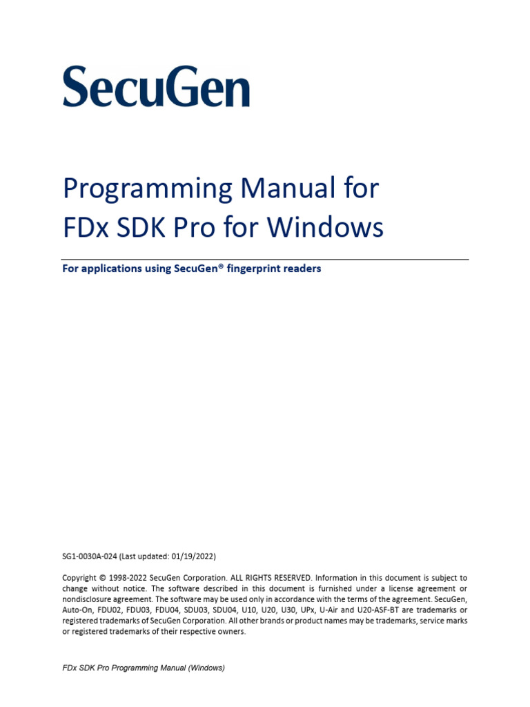 FDX SDK Pro Programming Manual (SG1-0030A-024) | PDF | Usb | Fingerprint