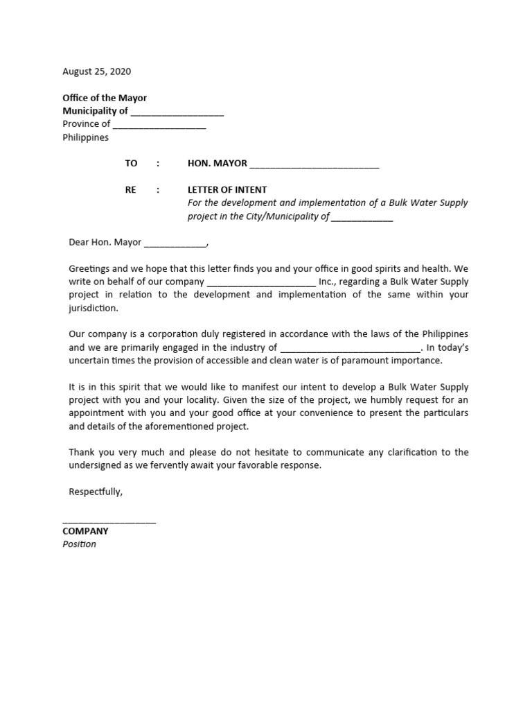 Letter of Intent for Bulk Water Supply | PDF